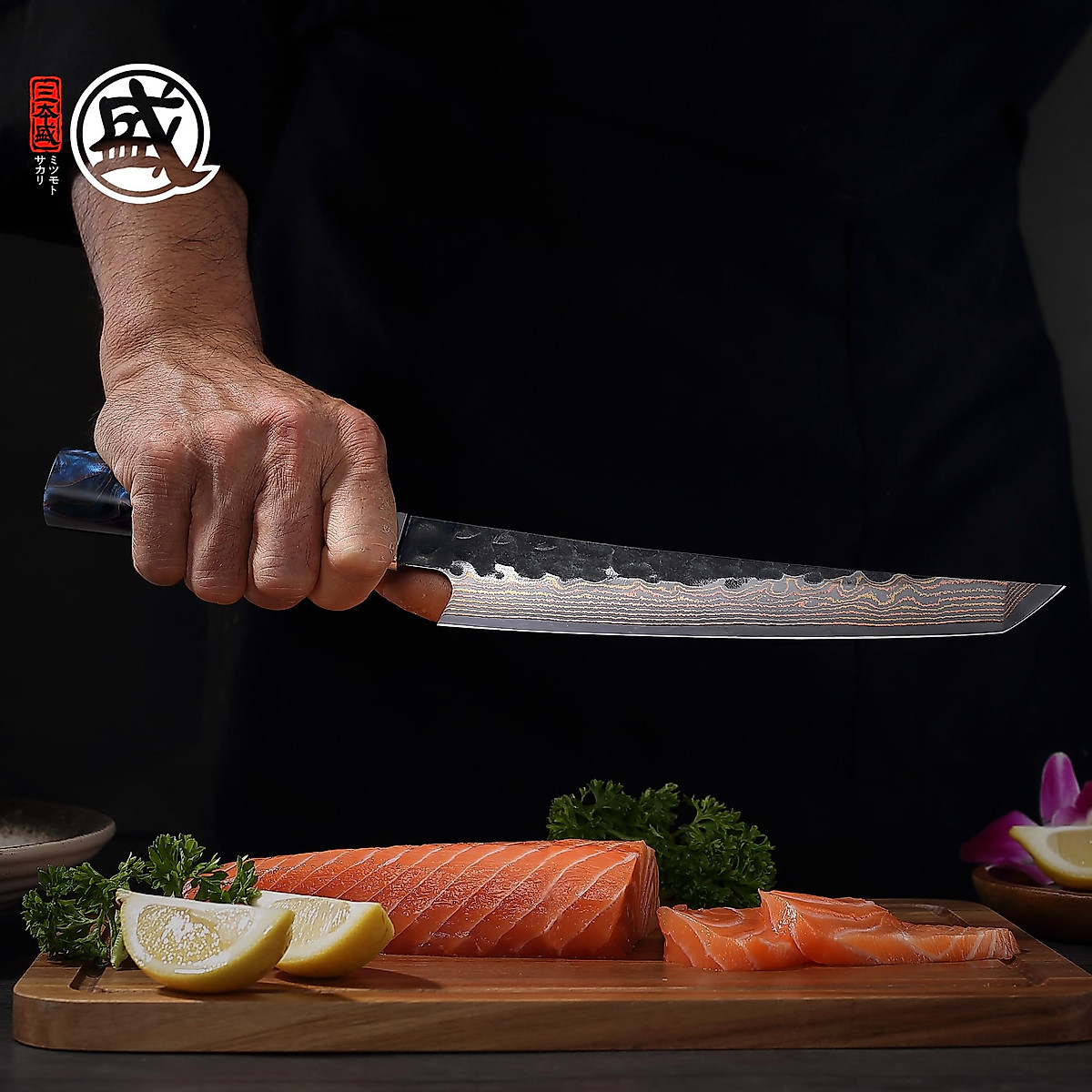 MITSUMOTO SAKARI 8 inch Japanese Kiritsuke Chef Knife, Hand Forged VG-10 Damascus Kitchen Knife, Professional Meat Sushi Chef’s Knife (Blue Resin Handle & Sandalwood Box)