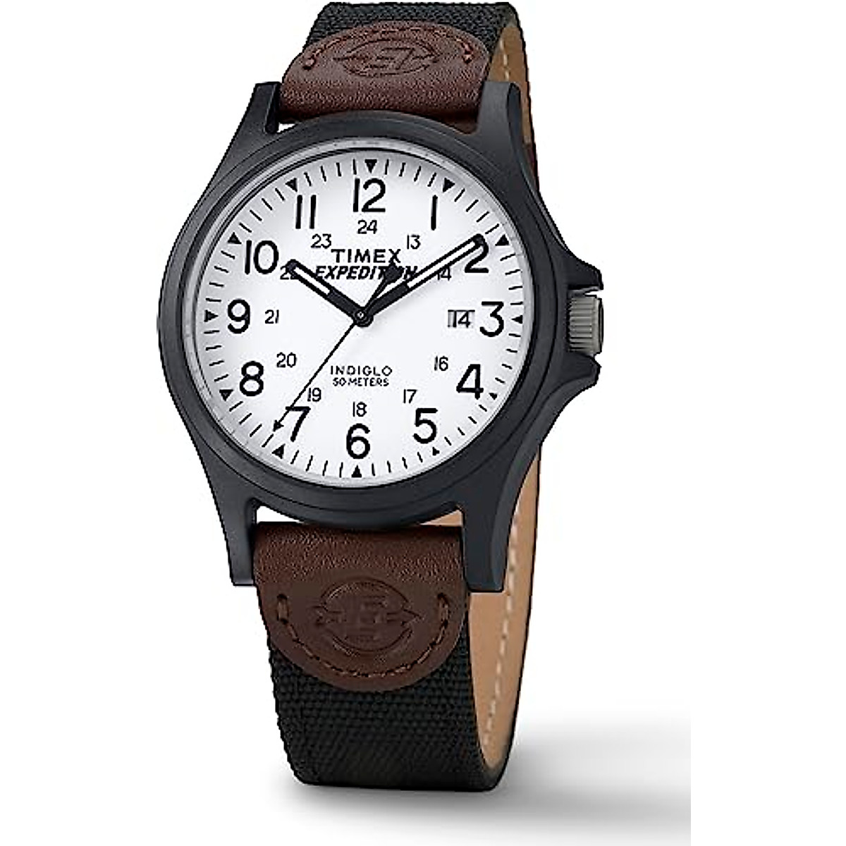 Timex Men's Expedition Acadia 40mm Watch – Black Case Black Dial with Black & Brown Leather & Fabric Strap