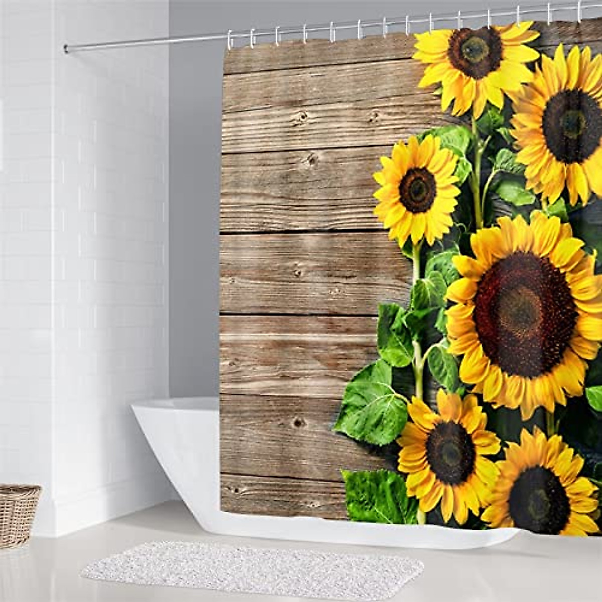 AZHM Wooden Sunflower Shower Curtain Sets with Rugs 4 Piece Bathroom Decor Set with Toilet Lid Cover Bath Mat Shower Curtain for Bathroom with 12 Hooks Waterproof Bathroom Curtains Shower Set