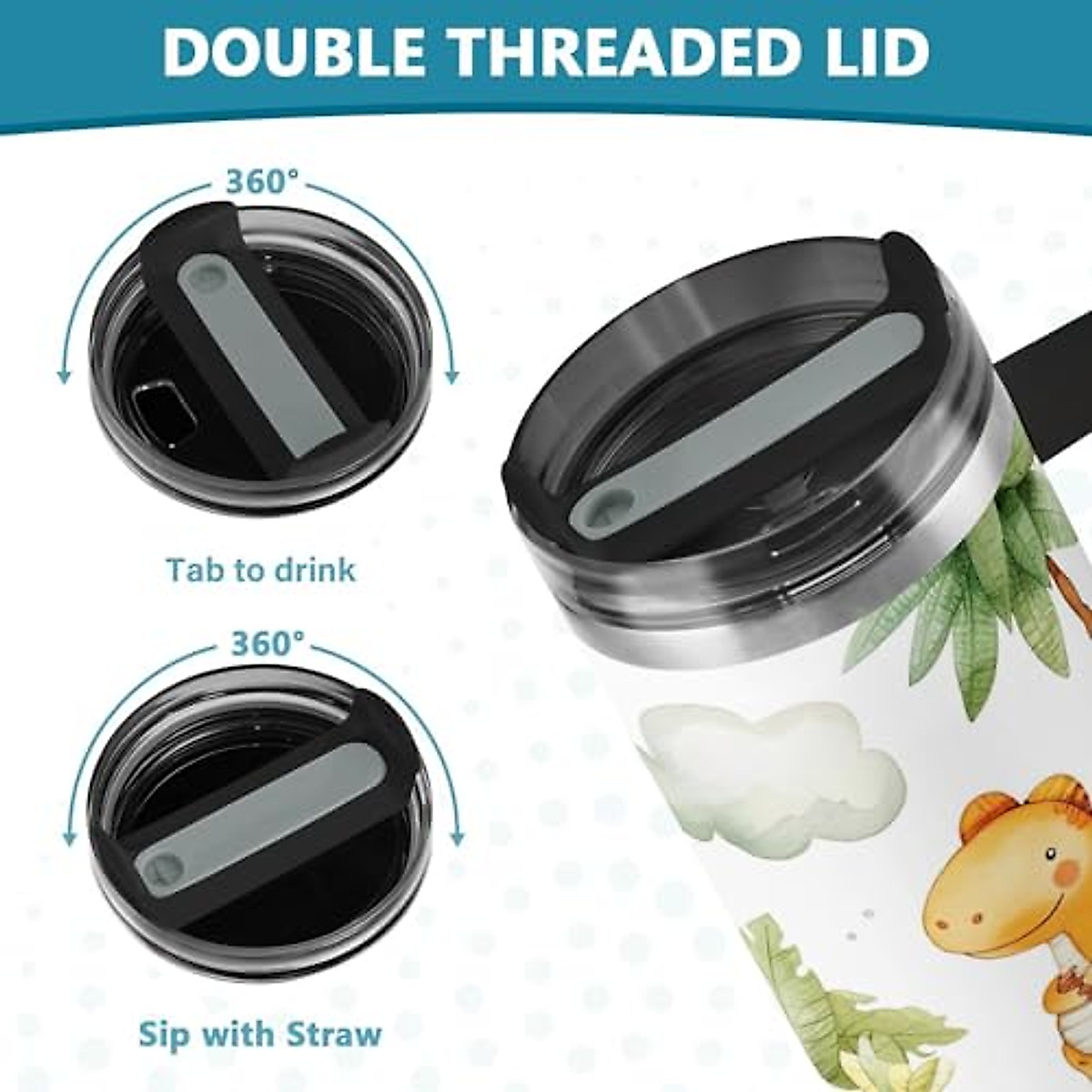 FRCSDIY Cartoon Dinosaur Insulated Tumbler with Handle and Straw Lid,30oz Leakproof Stainless Steel Cup BPA-Free Water Bottle