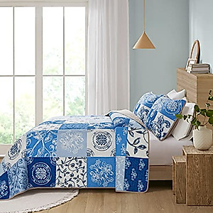 PSL Home- Quilts Queen Size, 100% Cotton Bedspreads Queen Sized, Quilt Sets Coverlet for The Bed, Quilt Bedding Set, Quilted Comforter Bed Spread Prime, Plaid Floral Pattern 3 Pieces (Blue White)