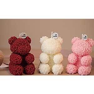 Cute Bear Shape Scented Candle,150G Rose Flower Clusters Aesthetic Handmade Soy Wax Aroma Decorative Candle for Table Photo Prop Wedding Birthday,Prefect Gift for Meditation Stress (Pink Bear)