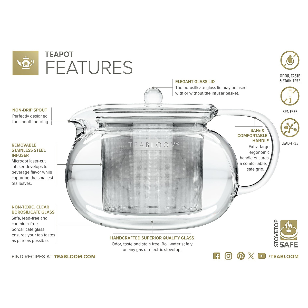 Teabloom Kyoto 2-in-1 Tea Kettle/Tea Maker – Heatproof Glass Teapot with Removable Loose Tea Filter – Tea Connoisseur's Choice