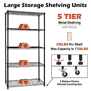WDT 5-Shelf Shelving Storage Units on Wheels Casters, Adjustable Heavy Duty Metal Shelf Wire Storage Rack for Home Office Garage Kitchen Bathroom Metal Rack (16”Wx36”Dx75”H), Black