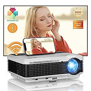 Smart Projector with Bluetooth WiFi, 8000 Lumen Home Theater Projector with 200" Display Video Gaming, Outdoor Movie Android Projector Zoom Wireless Mirroring for Phone HDMI DVD TV Stick Laptop PC USB