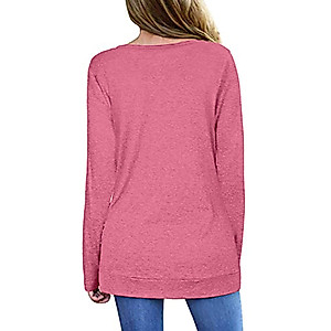 Women Long Sleeve Shirts Loose Side Button Trim Blouse Classic Color Patchwork V-Neck Tunic Pullover Tops Pink