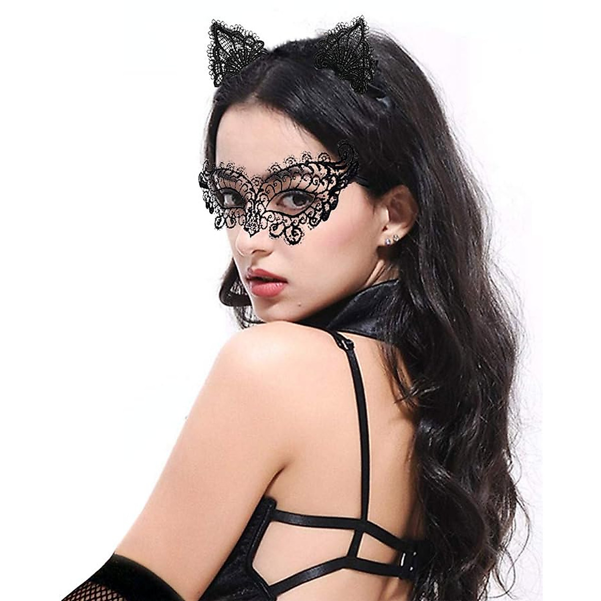 Black Cat Costume for Women, Halloween Masquerade Mask, Lace Ears, Gloves, Tail, Choker Necklace