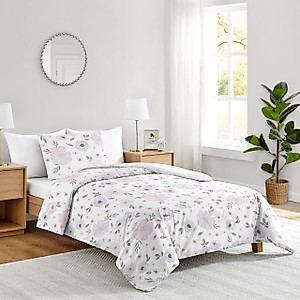 Sweet Jojo Designs Lavender Purple, Pink, Grey and White Shabby Chic Watercolor Floral Girl Twin Kid Childrens Bedding Comforter Set - 4 Pieces - Rose Flower