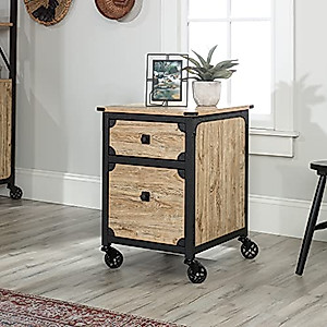 Sauder Steel River L-Shaped Desk, L: 59.84" x W: 57.32" x H: 29.53", Milled Mesquite Finish & Steel River Pedestal File Cabinet, L: 20.87" x W: 23.86" x H: 26.58", Milled Mesquite Finish