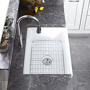 MEJE #KS 30x20 inch Apron-front Step Rim Workstation Farmhouse Kitchen Sink,Ceramic Single Bowl with Cutting Board,Grid & Strainer - White