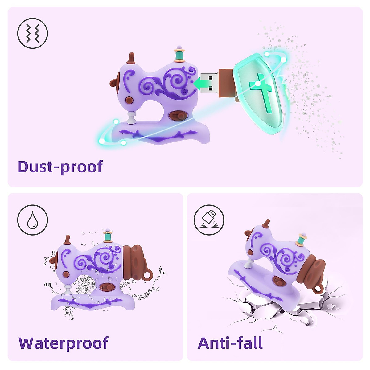 BorlterClamp 32GB USB Flash Drive Cute Cartoon Sewing Machine Model Memory Stick, Gift for Students and Children (Purple)