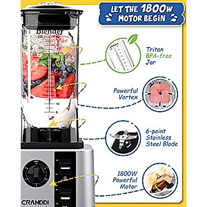CRANDDI Professional Commercial Blender 1800W, 80oz BPA-Free jar, High-Speed blenders for Shakes and Smoothies, Variable Speed, Self-Cleaning, K95-S