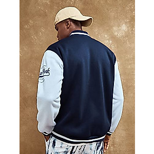 Floerns Men's Letter Graphic Print Long Sleeve Color Block Baseball Jacket Blue and White M
