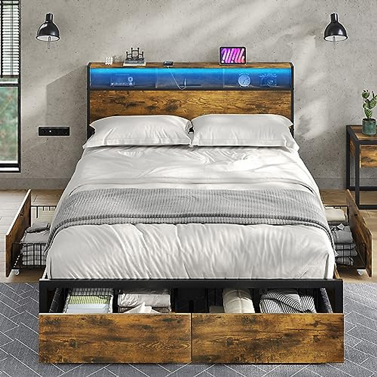 Furnideco Full Bed Frame with Bookcase Headboard and 4 Storage Drawers, Metal Platform Bed Frame with LED Light, Mattress Foundation with Metal Slats Support, No Box Spring Needed