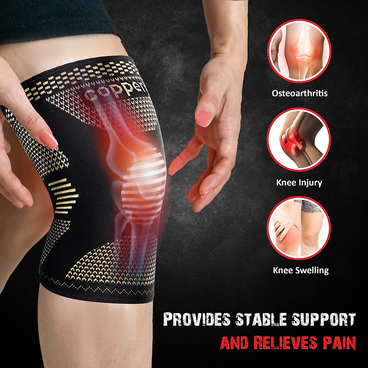 Fusion Pain Solutions Copper Knee Compression Brace For Arthritis Pain And Support, Sports, Knee Pain Relief, Swelling, Workout- Single (Medium)