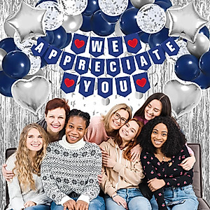 We Appreciate You Decorations Navy Blue Silver Thank You Banner Balloons Foil Fringe Curtains Backdrop Hanging Swirls Streamer Thanks Party for Employee Teacher Doctor Appreciation Party Gifts Decor