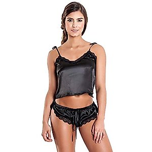 Besame Babydoll Women Sexy Lingerie Shiny Satin Lace Sleepwear Set (Black - XLarge)