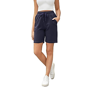 Vodi Mosa Sweat Shorts for Women High Waist Stretchy Comfy Cotton Shorts Womens Long Running Yoga Shorts (NavyBlue, L)