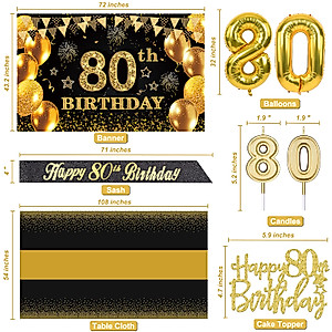 80th Birthday Decorations Men Women with 80th Birthday Banner, Black and Gold Table Cloth, 80 Number Balloons, 80th Birthday Sash, 80th Birthday Cake Topper and 80th Birthday Candles