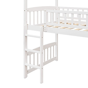 BOVZA Twin Size House Loft Bed with Convertible Slide and Ladder, Wood House Loft Bed with Roof and Safety Guardrails for Kids Boys Girls Bedroom, White