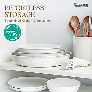 MICHELANGELO Nonstick Frying Pan Set Removable Handle, 8" 9.5" and 11" Frying Pans, Skillets with Detachable Handle, Granite Coating Egg Pan, Non Toxic Pans for Cooking, PFOA Free, Oven Safe, White