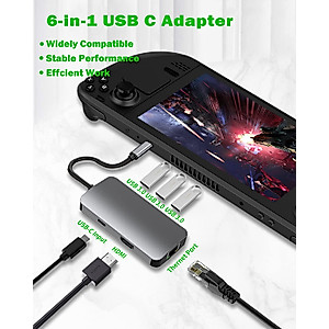 Steam Deck Dock, AOLION 6 in 1 Steamdeck 4K TV Docking Station USB C Hub Multiport Adapter with HDMI/USB 3.0 / Type C/Ethernet Port, 2 Protect Sticker and 4 Thumb Grip Caps for Stream Deck Console