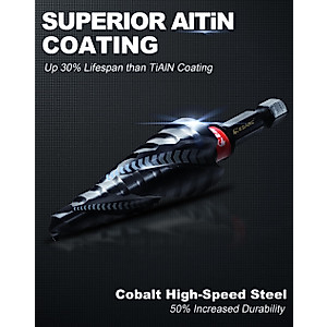 EZARC Step Drill Bit for Metal, M35 Cobalt Step Drill Spiral Flute Unibit Step Drill Bit (1/4''-3/4'') Wear-Resistant AlTiN Coated, 1/4" Hex Shank for Metal, Stainless Steel, Aluminum, Plastic