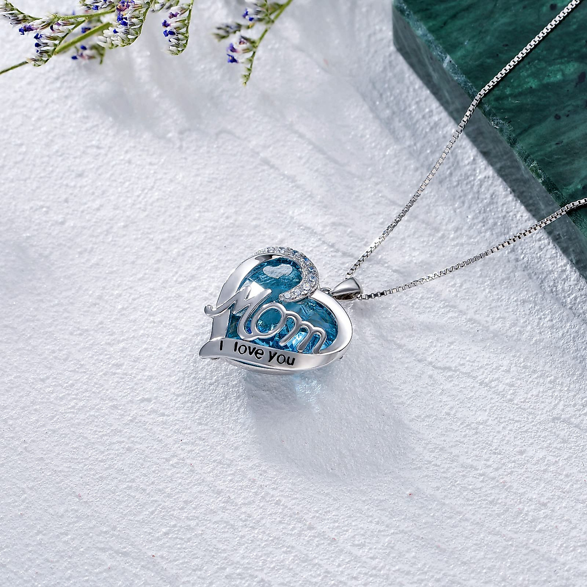 TOUPOP Mom Necklace for Women with Crystal March Birthstone s925 Sterling Silver I Love You Forever Heart Pendant Necklace Birthday Jewelry Gifts for Mama Mother Grandma
