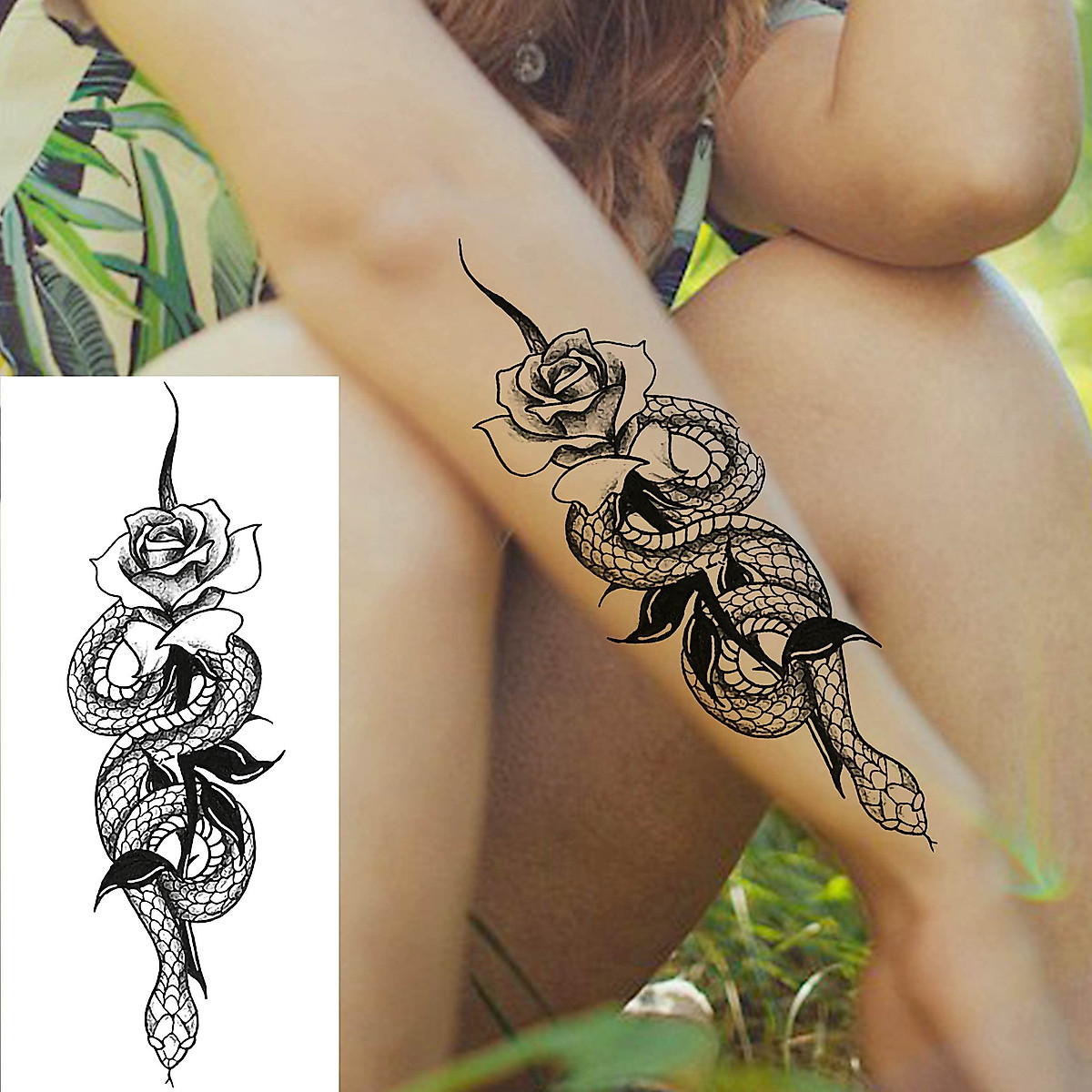 Goromon 10 Sheets Realistic Snake Temporary Tattoos For Women Men Forearm Arm Sexy 3D Tribal Cobra Mamba Viper Serpent Tattoos Temporary Adults Kids Fake Tattoos Sticker Black Sword Rose Flower Tatoos