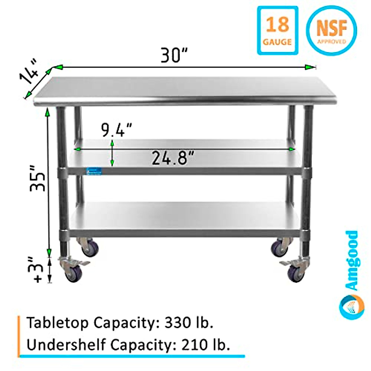 Stainless Steel Work Table with 2 Shelves with Casters | Metal Utility Table | Commercial & Residential NSF Utility Table (Stainless Steel Table with 2 Shelves, 30" Long x 14" Deep)