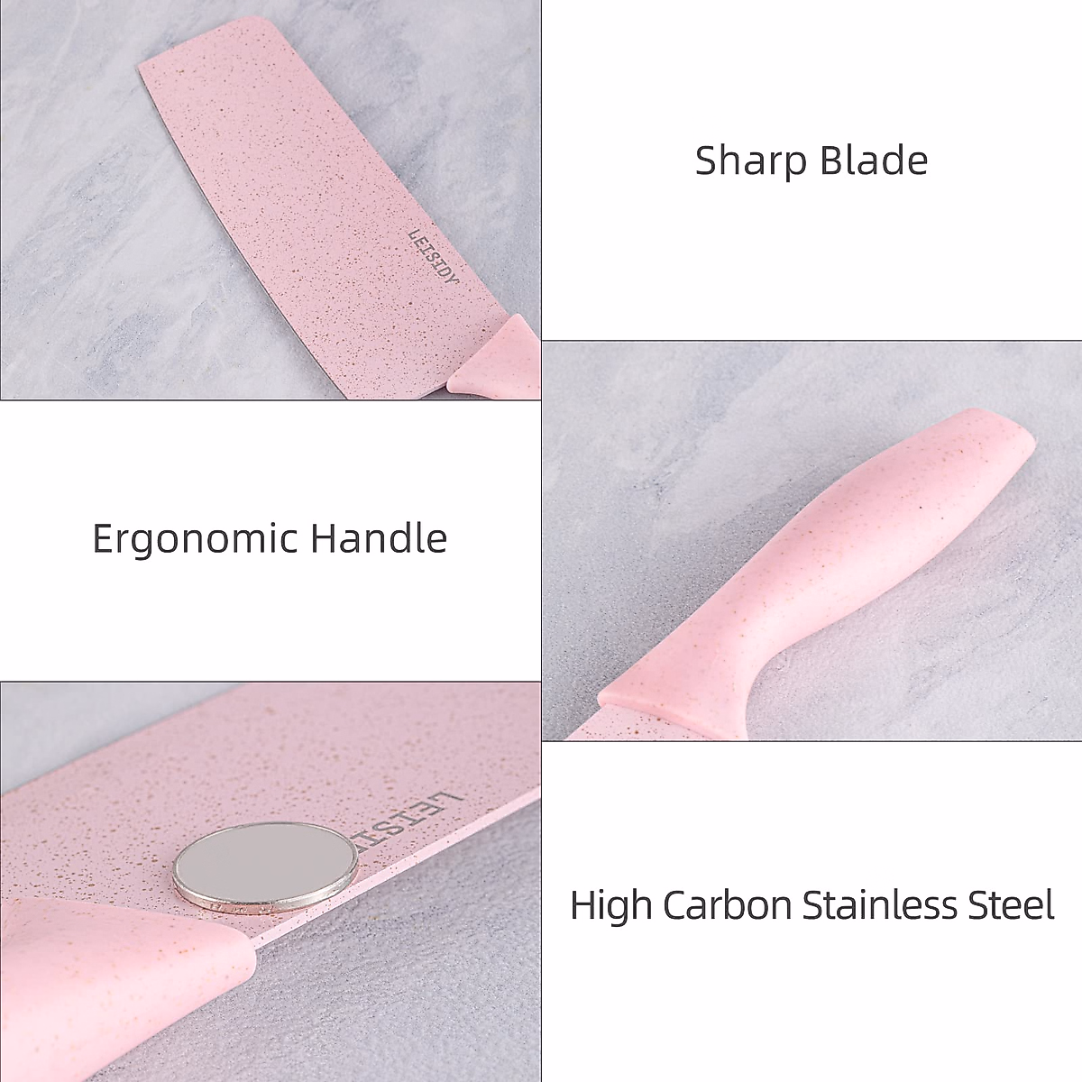 LEISIDY 7 Pieces of Pink Kitchen Knife Set - Non-stick Stainless Steel Kitchen Knives Set with 1 Scissor & 1 Peeler Stand and Chopping Board with Gift Box