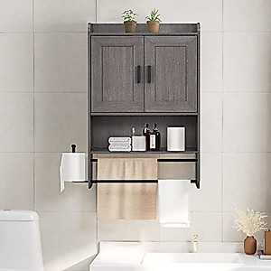 Liampoo Wood Bathroom Wall Cabinet, Medicine Cabinet Organizer with Doors and Adjustable Shelves, Over The Toilet Storage Cabinet with Towel Bar, Multipurpose Storage Cabinet for Bathroom, Living Room