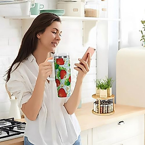 Wfrish Tumbler with Handle and Straw Lid,Red Ripe Strawberry Flowers Blue 40 oz Insulated Coffee Cup Stainless Steel Fruit Water Bottle Travel Mug Cupholder Friendly,Gifts for Women Men