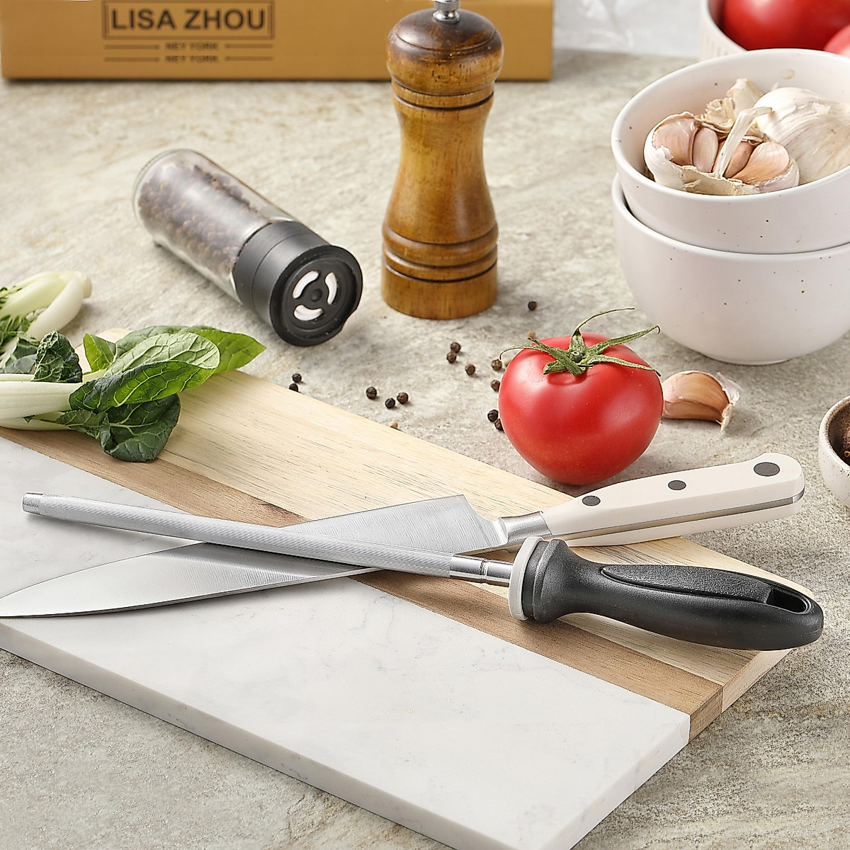 Knife Sharpener Rod, Little Cook 12 inch Knife Sharpening Steel, Knife Sharpening Rod with Ergonomic PP Handle (black)