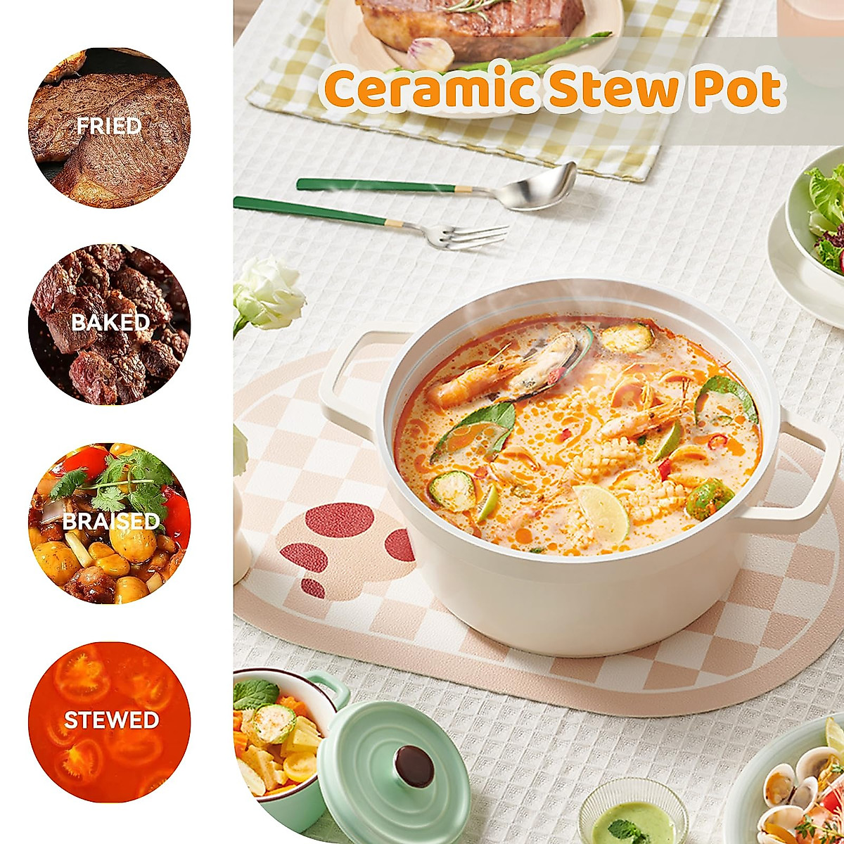 Enamel Dutch Oven with Lid, 4.3 Quarts Non-Stick Ceramic Saucepan Cooking Pot, Soup Pot with Dual Handles, Cookware for Cooking, Baking, Cold Storage and Serving, Oven Safe up to 536° F (White)