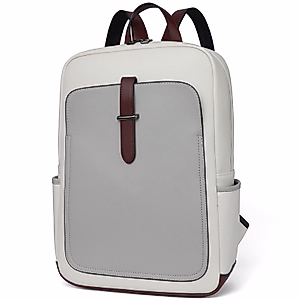 BROMEN Laptop Backpack Purse for Women Vegan Leather Travel 15.6 inch Computer Bag Fashion College Bookbag White Oak with Gray