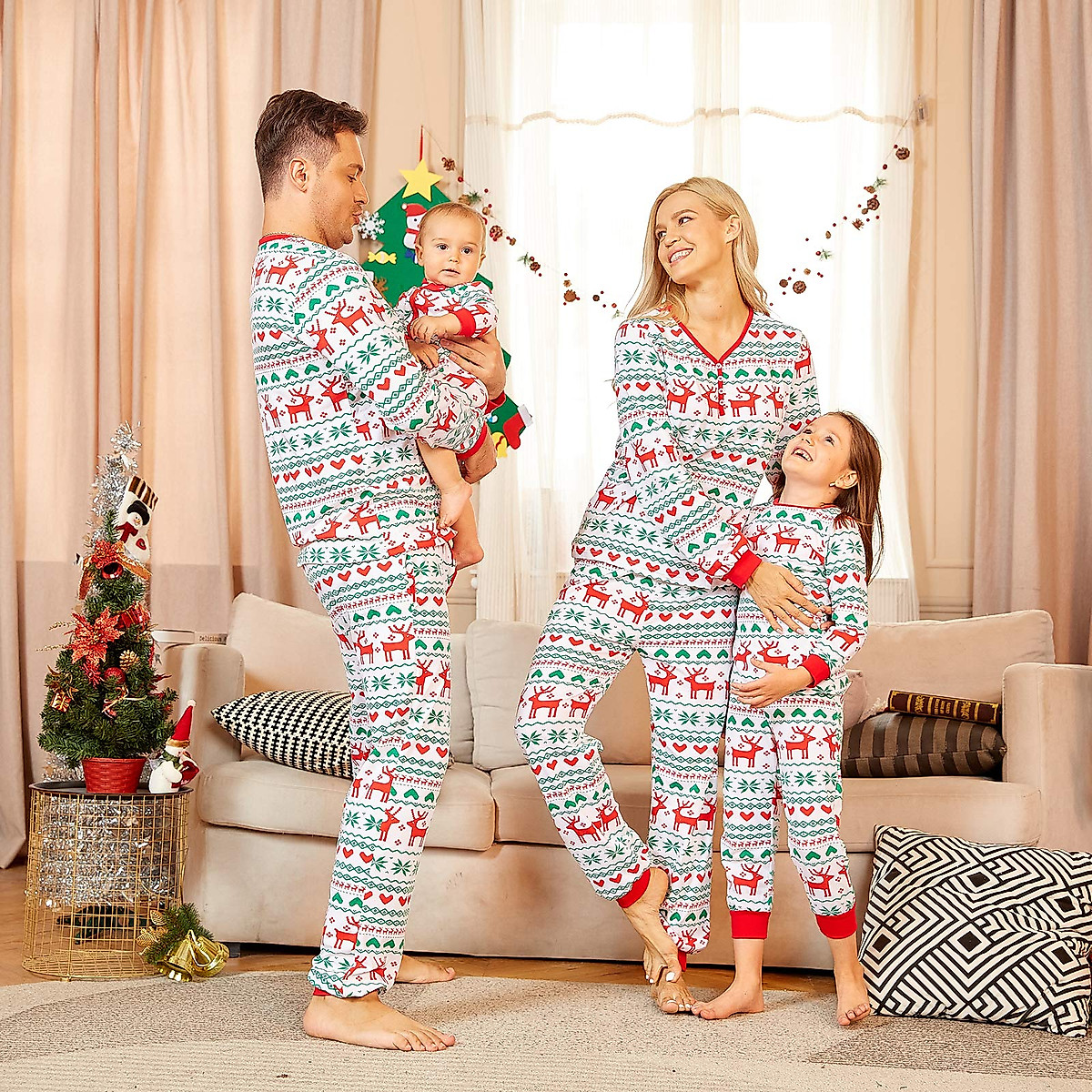 PopReal Christmas Pajamas for Family, Matching Family Christmas PJs Sets Blue Elk Tree Printed Top Sleepwear