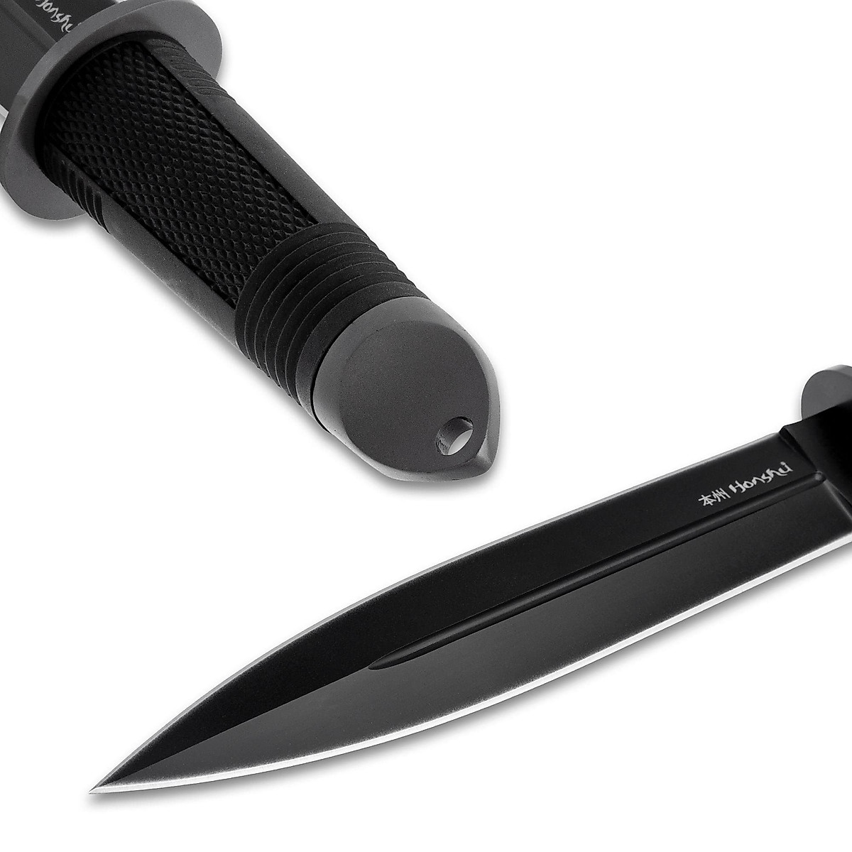 HONSHU Midnight Forge Fighter Knife and Leather Belt Sheath - Stainless Steel Blade, Double-Edged, Rubberized Grip, Steel Guard and Pommel, Non-Reflective Fixed Blade for Tactical Use - Length 13 1/4”