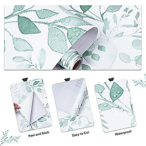Melwod Green Breezy Leaves Peel and Stick Wallpaper 17.7” x 78.7” Neutral Watercolor Floral Leaf Contact Paper Self-Adhesive Vinyl for Drawer Cabinets Furniture Accent Walls