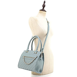 Chain Accent Structured Vegan Leather Square Medium 2-Way Satchel Tote Handbag Purse (Chain Accent - Nude)