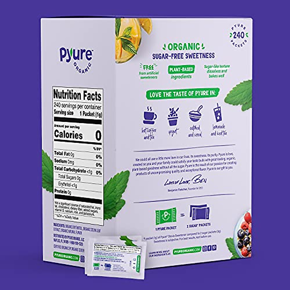 Pyure Organic Stevia Packets | Granulated Sugar Packets - White Sugar Substitute | Zero Carb, Zero Sugar, Zero Calorie Sweetener Packets | Plant-Based Stevia Packets for Keto Coffee | 240 Count