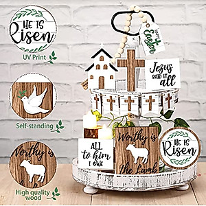 15 Pcs Easter Tiered Tray Decor Set, Table Top Decor Farmhouse Wooden Block Signs Wood Cross Decor with LED String Lights for Easter Home Kitchen Decorations