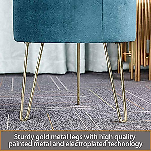 GLOVAL HOME Modern Round Velvet Storage Ottoman Footrest Stool/Seat with Gold Metal Legs & Tray Top Coffee Table,Vanity Stool- (Teal)