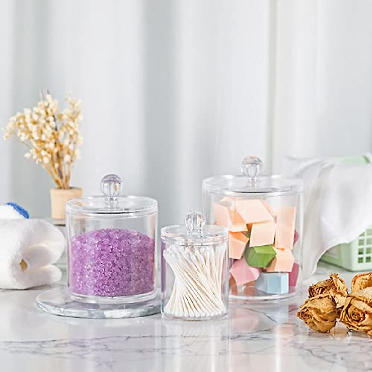 YOUEON 6 Pack Apothecary Jars with Lids, Qtip Holder Dispenser with Lid, 8/18/28 Oz Clear Cotton Ball Holder, Cotton Pad Holder, Bathroom Canister for Cotton Swab, Cotton Pads, Cotton Ball, Makeup