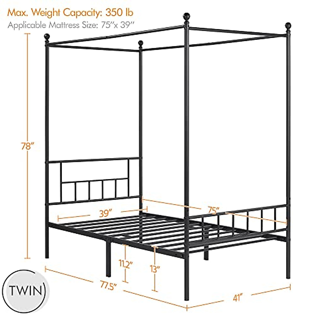 Yaheetech Metal Canopy Platform Bed Frame Four-Poster Canopied Bed Mattress Foundation with Headboard and Footboard Sturdy Slatted Structure No Box Spring Needed Easy Assembly Twin Black