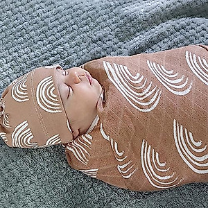 BabyWhale Muslin Swaddle Blanket, Boho Brown Rainbow Pattern Swaddle and Solid Color Swaddle for Newborn Baby Boys ＆ Girls, Unisex Silky Soft Breathable Receiving Swaddle Wrap, 47x47 inches, 2 Pack
