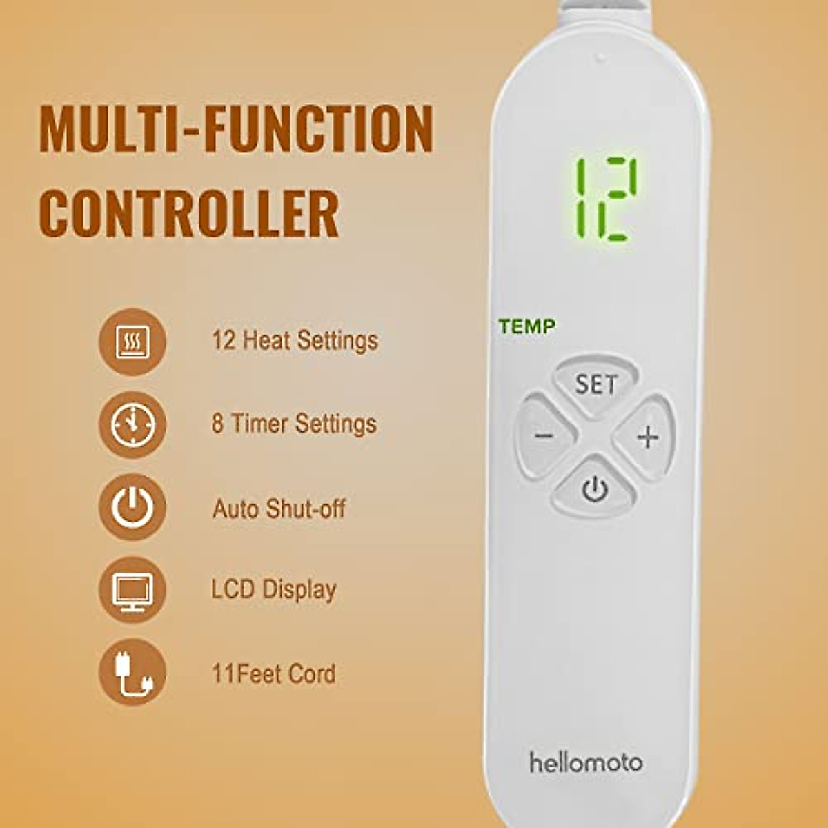 HELLOMOTO Heating Pad for Pain Relief, Electric Heating Pad for Back Pain and Cramps -12 Heat Settings with Auto Off,12 Inch x 24 Inch, Machine Washable-OW01