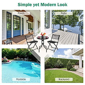 Tangkula 3 Pieces Folding Patio Bistro Set, Outdoor Folding Chairs & Table Set with Tempered Glass Tabletop, Round Table & Foldable Chairs, Outdoor Furniture Set for Garden, Poolside & Backyard