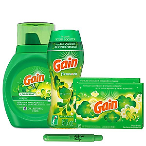 Gain Laundry Detergent Bundle with Gain Detergent, Fireworks Scent Booster, Dryer Sheets and Gift Boutique Lint Stick, For Travel, Dorm Room Supplies, First Apartment, 5 Pack