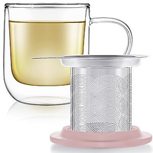 Teabloom Tea-For-One Steeping Mug – Insulated Double Wall Glass Mug (12 oz), Stainless Steel Infuser, Porcelain Lid/Coaster – Great For Brewing Loose Leaf Tea